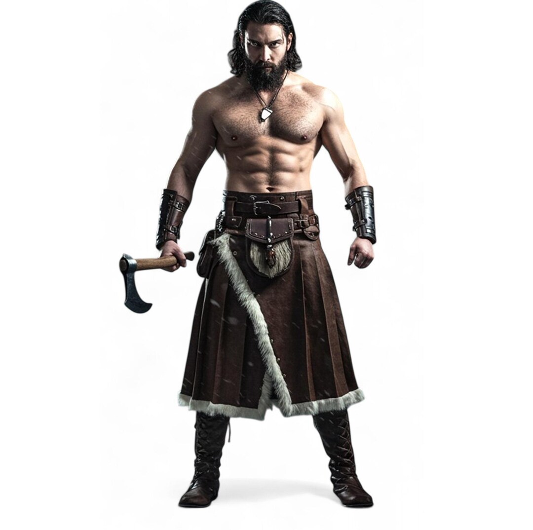 Viking Leather Kilt for Men | Fur Trim Highlander Warrior Skirt | Norse ...
