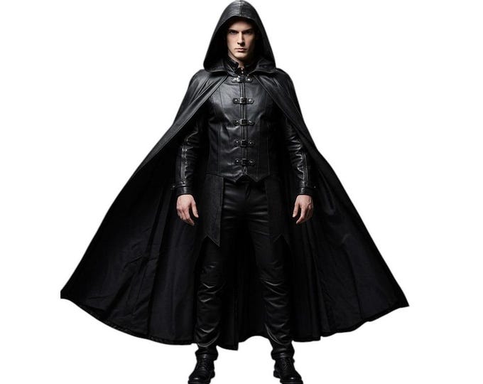 Black Leather Medieval Armour Cloak - Hooded Viking Cloak Costume for ...