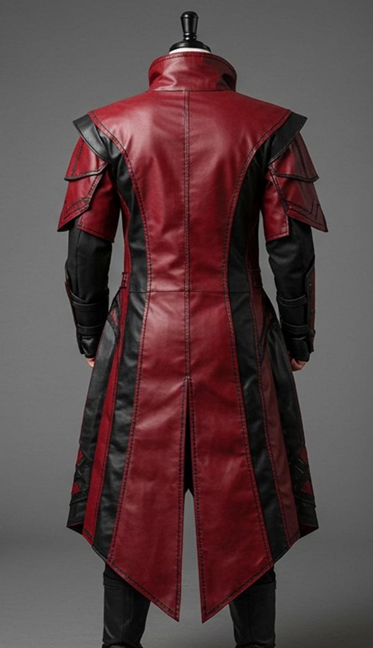 Men's Blood Red Vampire Leather Trench Coat Gothic Assassin Cosplay ...