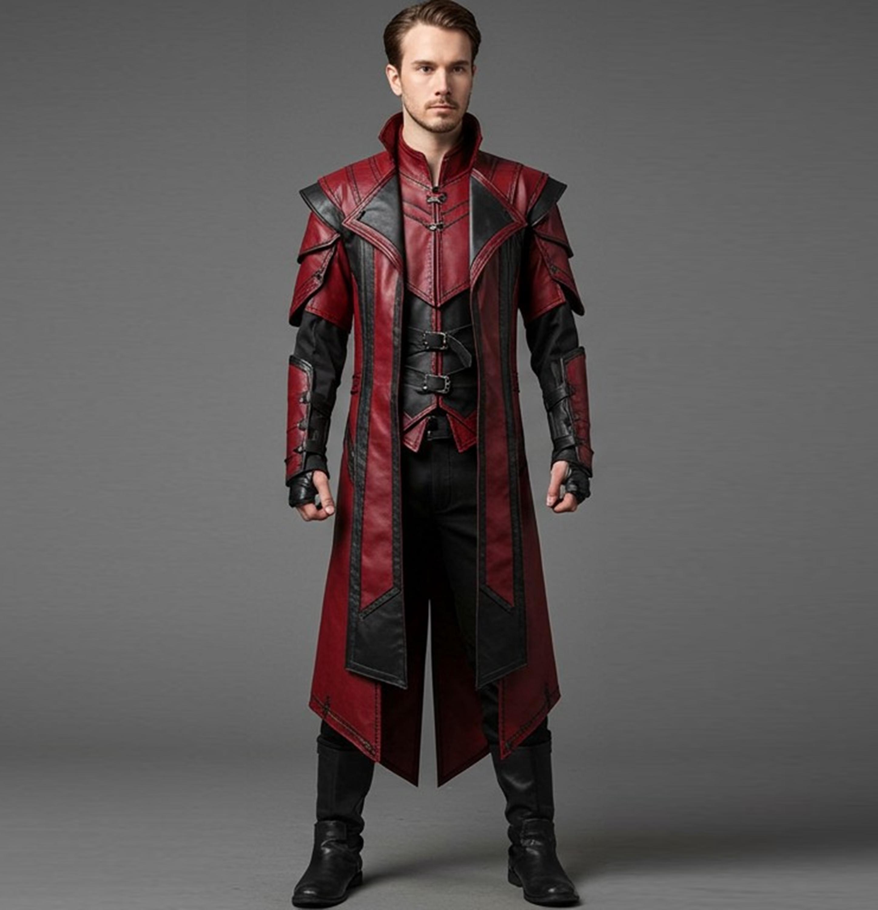 Men's Blood Red Vampire Leather Trench Coat Gothic Assassin Cosplay ...