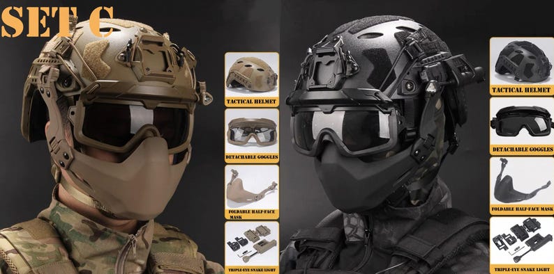 Full Tactical Helmet Set With Goggles Mask Headset, Airsoft Wargame ...