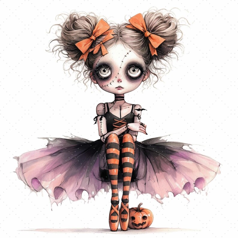 Cursed Ballerina Clipart Set, Creepy Cute Halloween Doll Illustrations ...