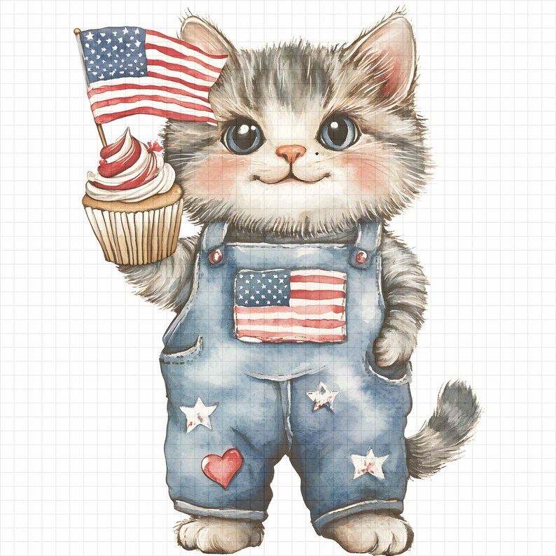 4th of July Cat Clipart, Kawaii Patriotic Cat PNG, Watercolor ...