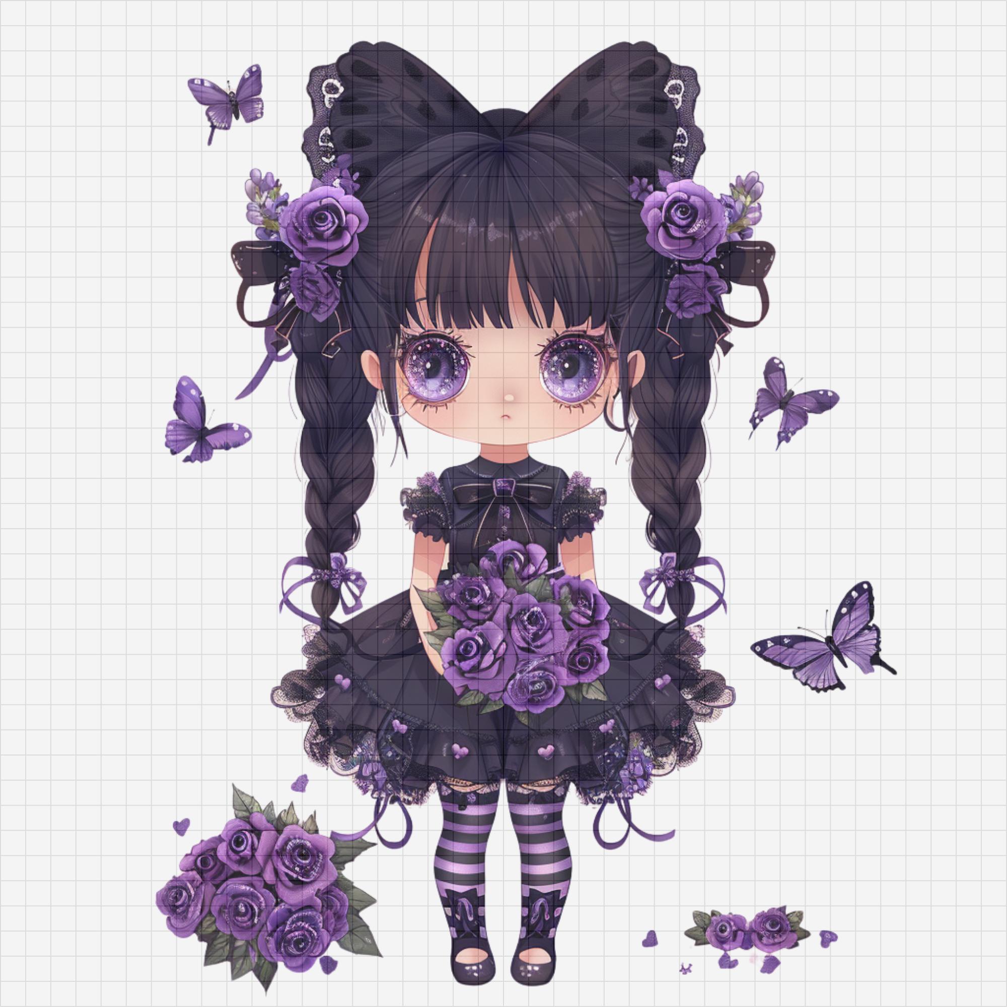 Gothic Chibi Girl Clipart Bundle, Lavender and Black Aesthetic, Kawaii ...