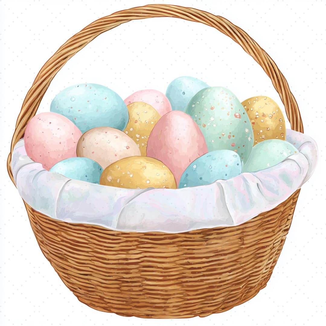 Watercolor Easter Basket Clipart, Pastel Egg Basket PNG, Cream Ribbon ...