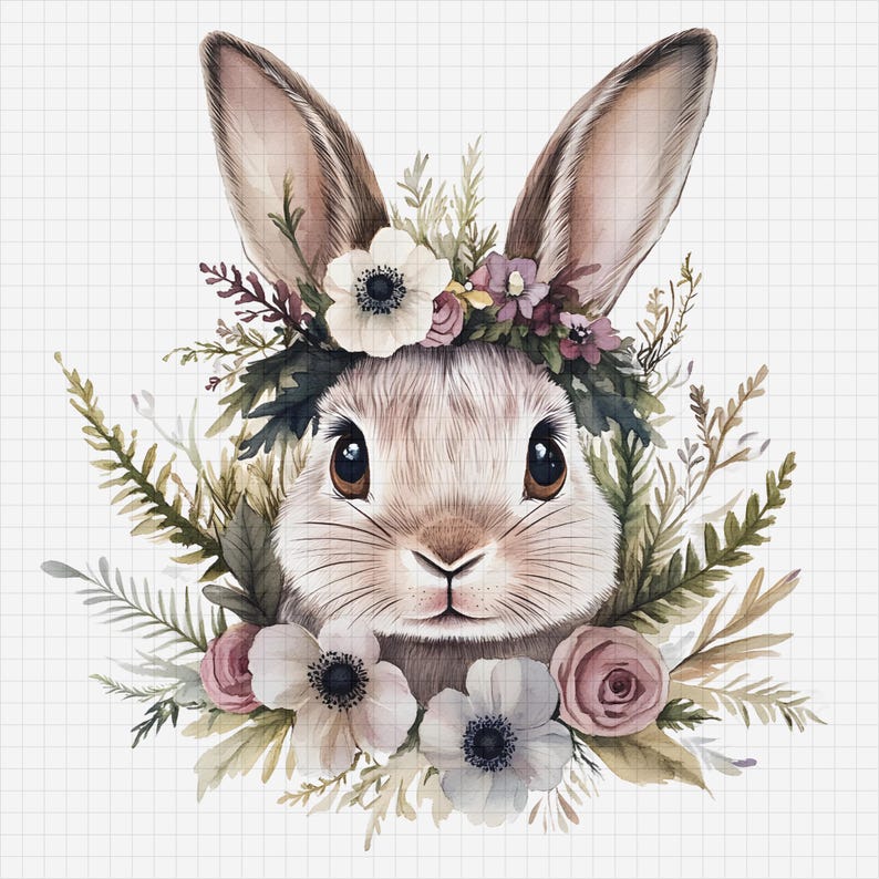 Floral Watercolor Bunny Clipart, 8 Pngs, Transparent Background, High ...