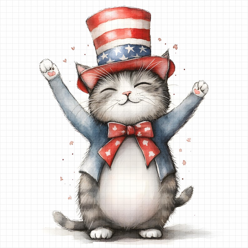 4th of July Cat Clipart, Kawaii Patriotic Cat PNG, Watercolor ...