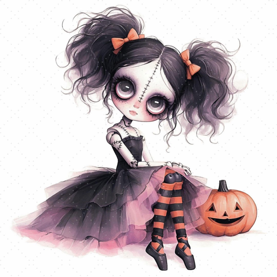 Cursed Ballerina Clipart Set, Creepy Cute Halloween Doll Illustrations ...