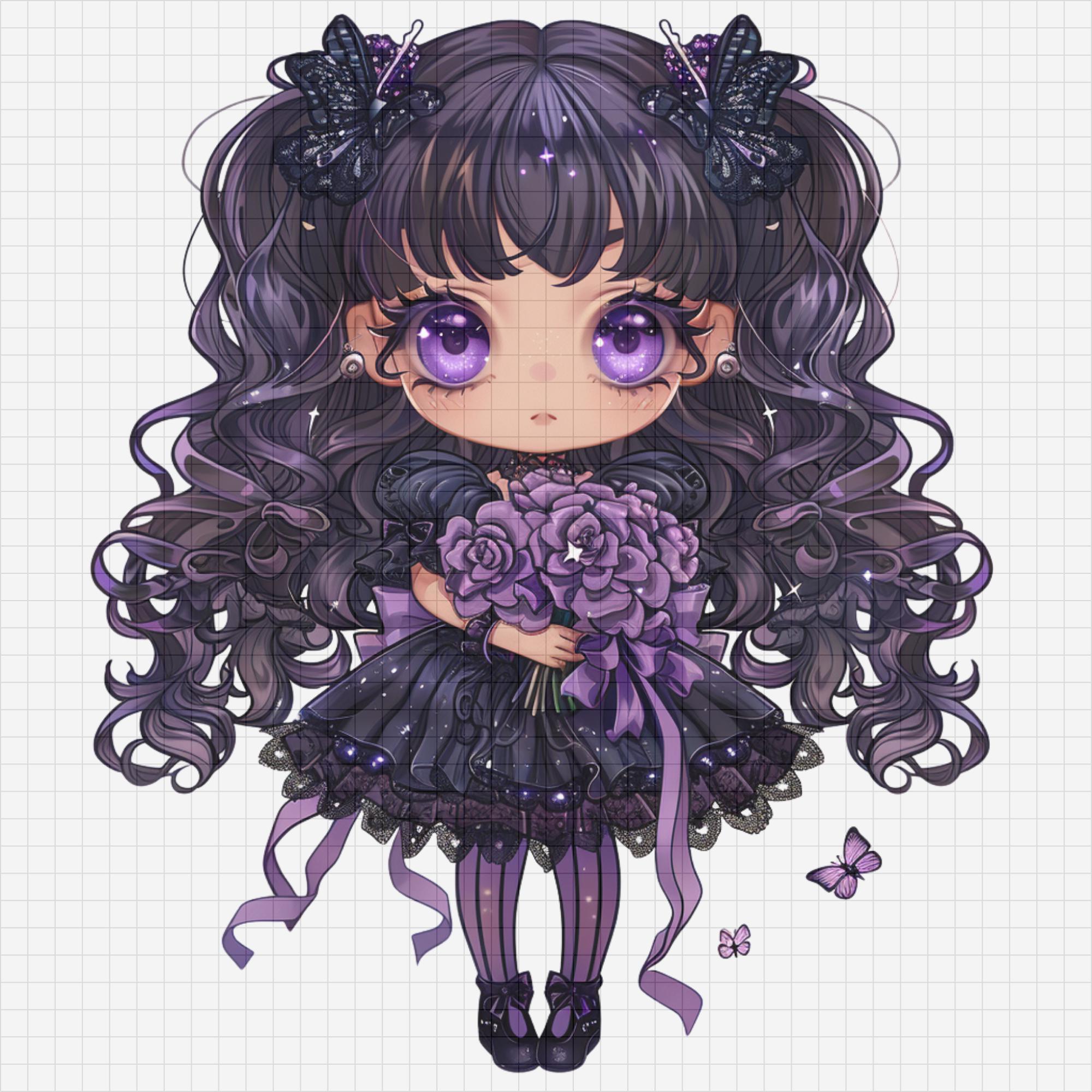 Gothic Chibi Girl Clipart Bundle, Lavender and Black Aesthetic, Kawaii ...