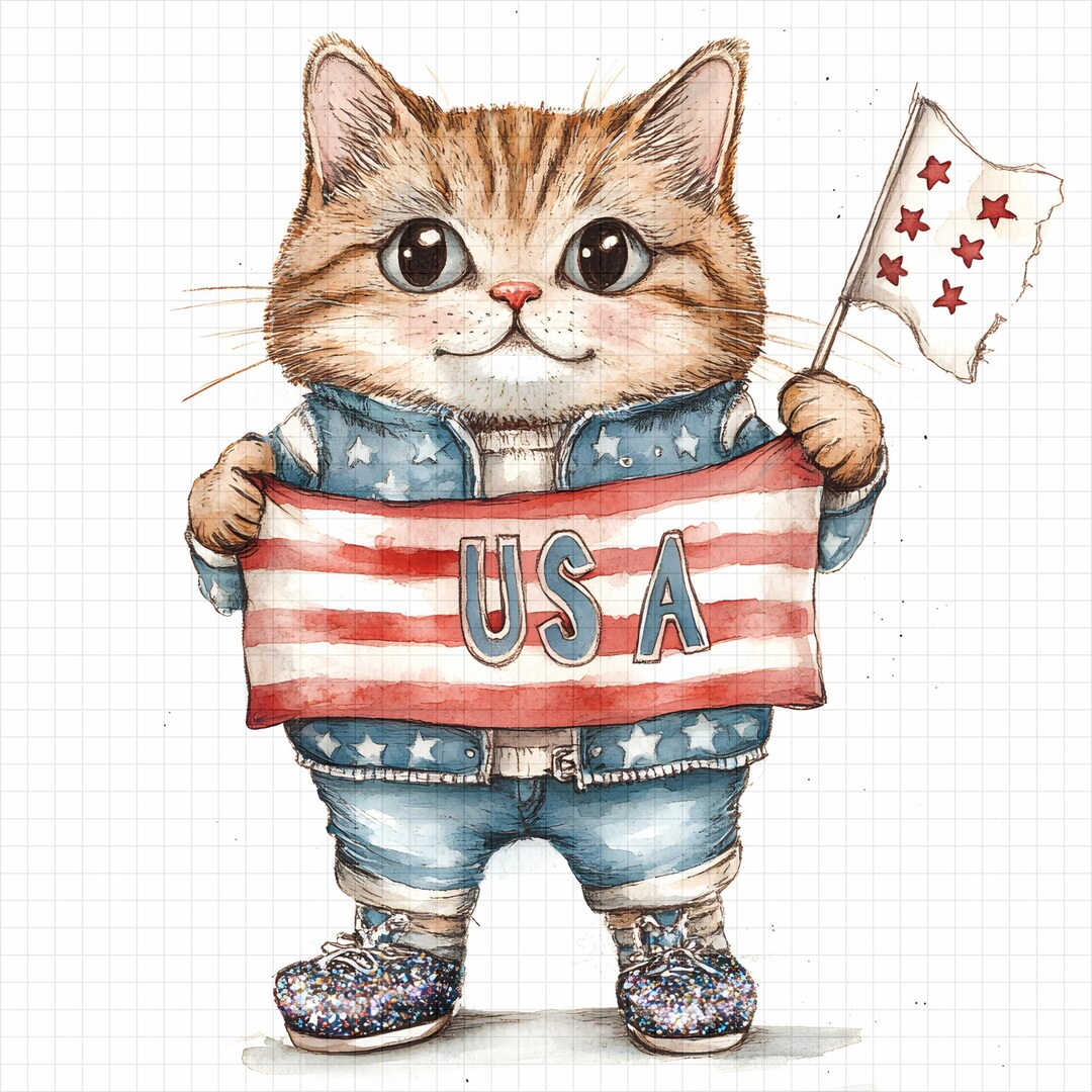 4th of July Cat Clipart, Kawaii Patriotic Cat PNG, Watercolor ...