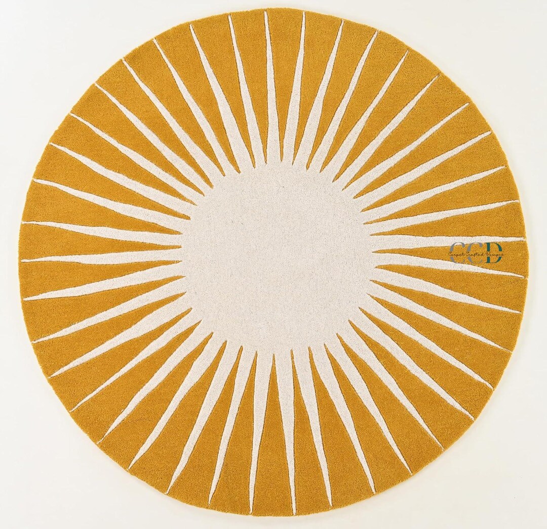 Hand Tufted Round Sunburst Rug, Modern Wool Rug, Mustard Yellow Accent ...