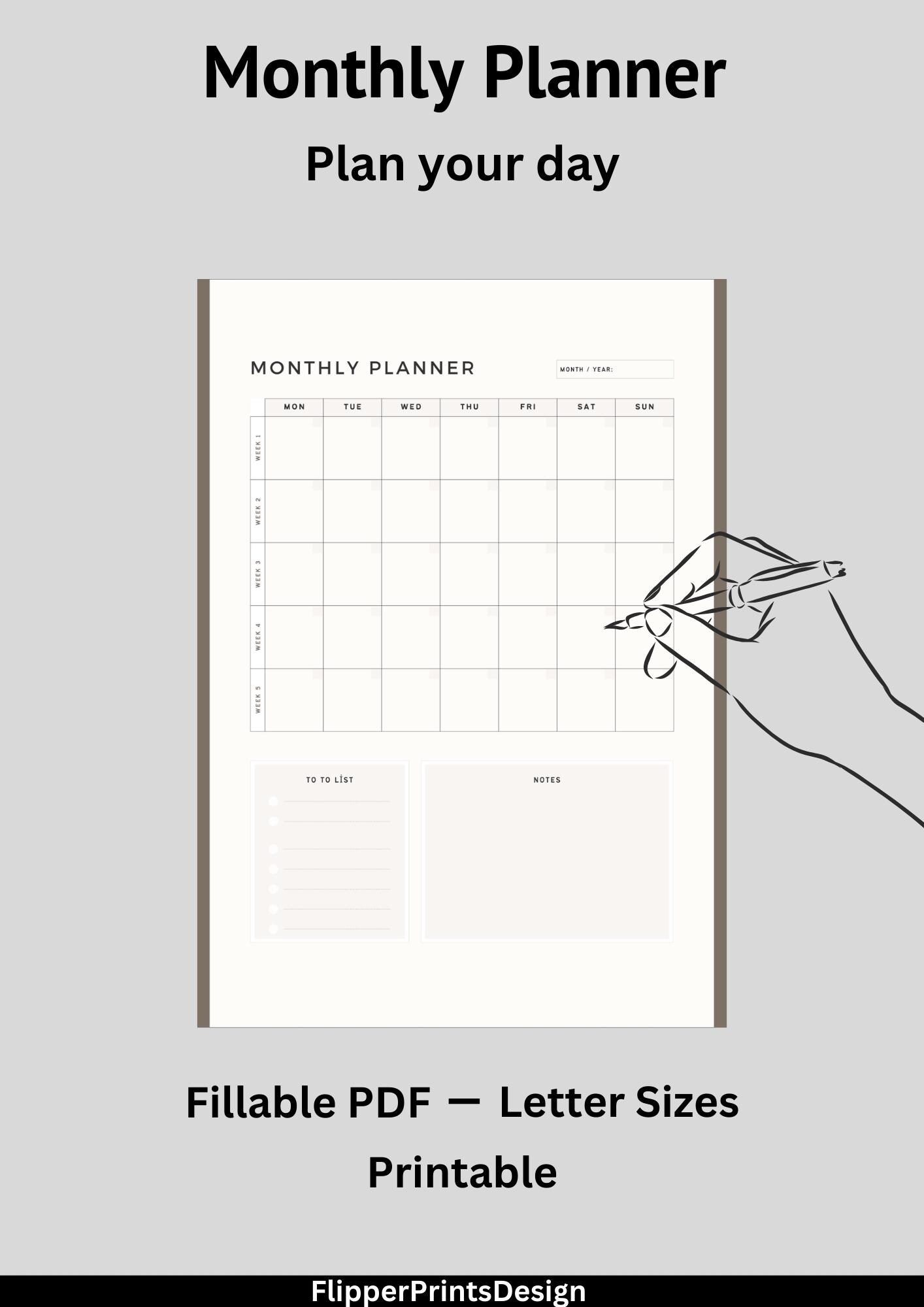 Minimalist Monthly Planner - Printable & Fillable PDF - Etsy