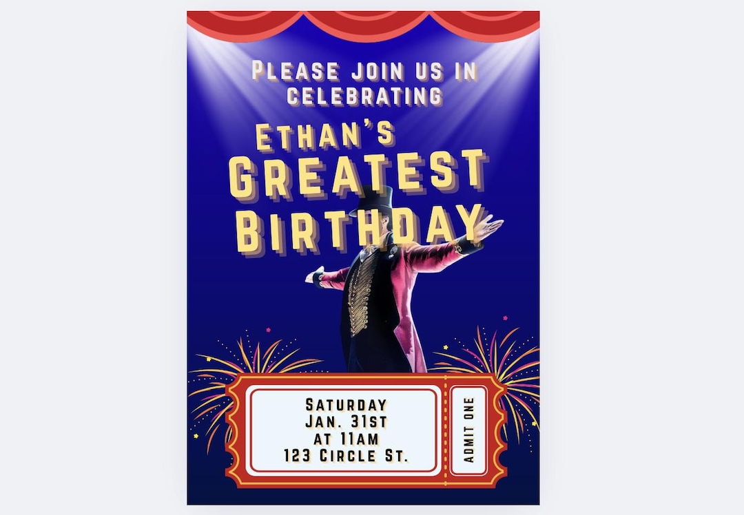 Greatest Showman Birthday Invitation Template: 1 Photo (canva Editable ...