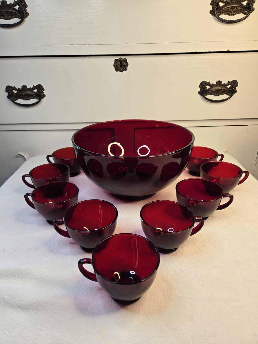 Depression Glass Punch Bowl Royal Ruby Red With 9 Cups - Etsy
