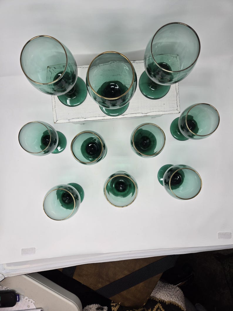 MCM Libby Glass Co. Signed With Cursive L Juniper Green Teardrop Trumpet Based Glassess Set of ...