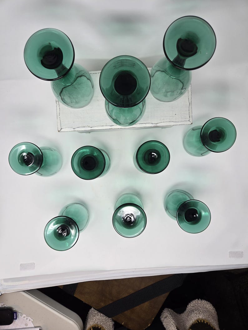 MCM Libby Glass Co. Signed With Cursive L Juniper Green Teardrop Trumpet Based Glassess Set of ...