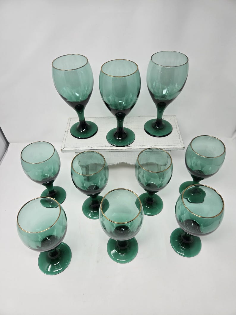 MCM Libby Glass Co. Signed With Cursive L Juniper Green Teardrop Trumpet Based Glassess Set of ...