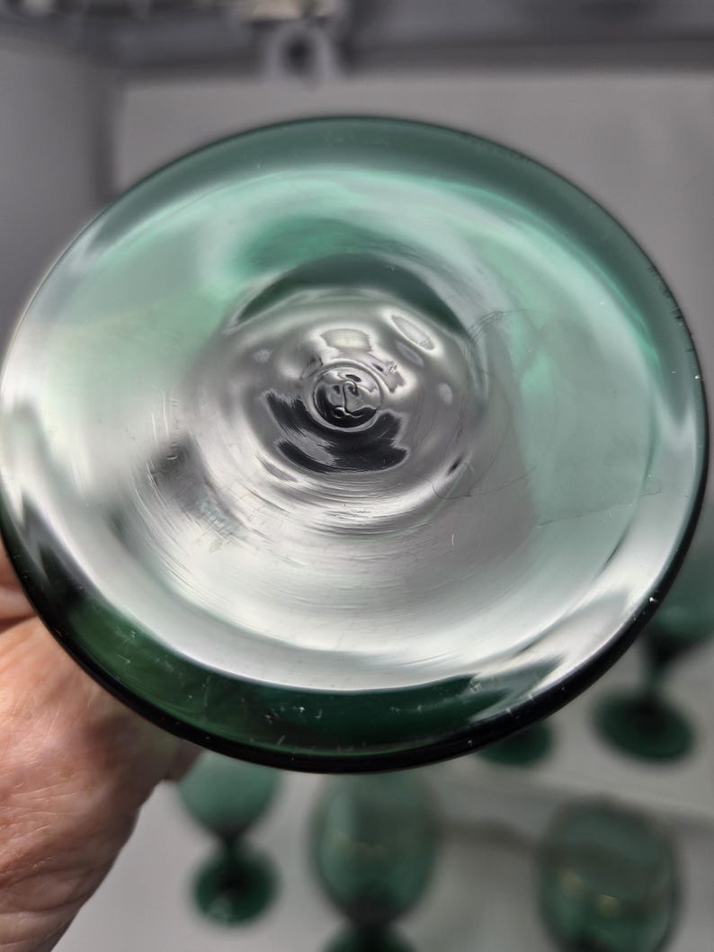 MCM Libby Glass Co. Signed With Cursive L Juniper Green Teardrop Trumpet Based Glassess Set of ...