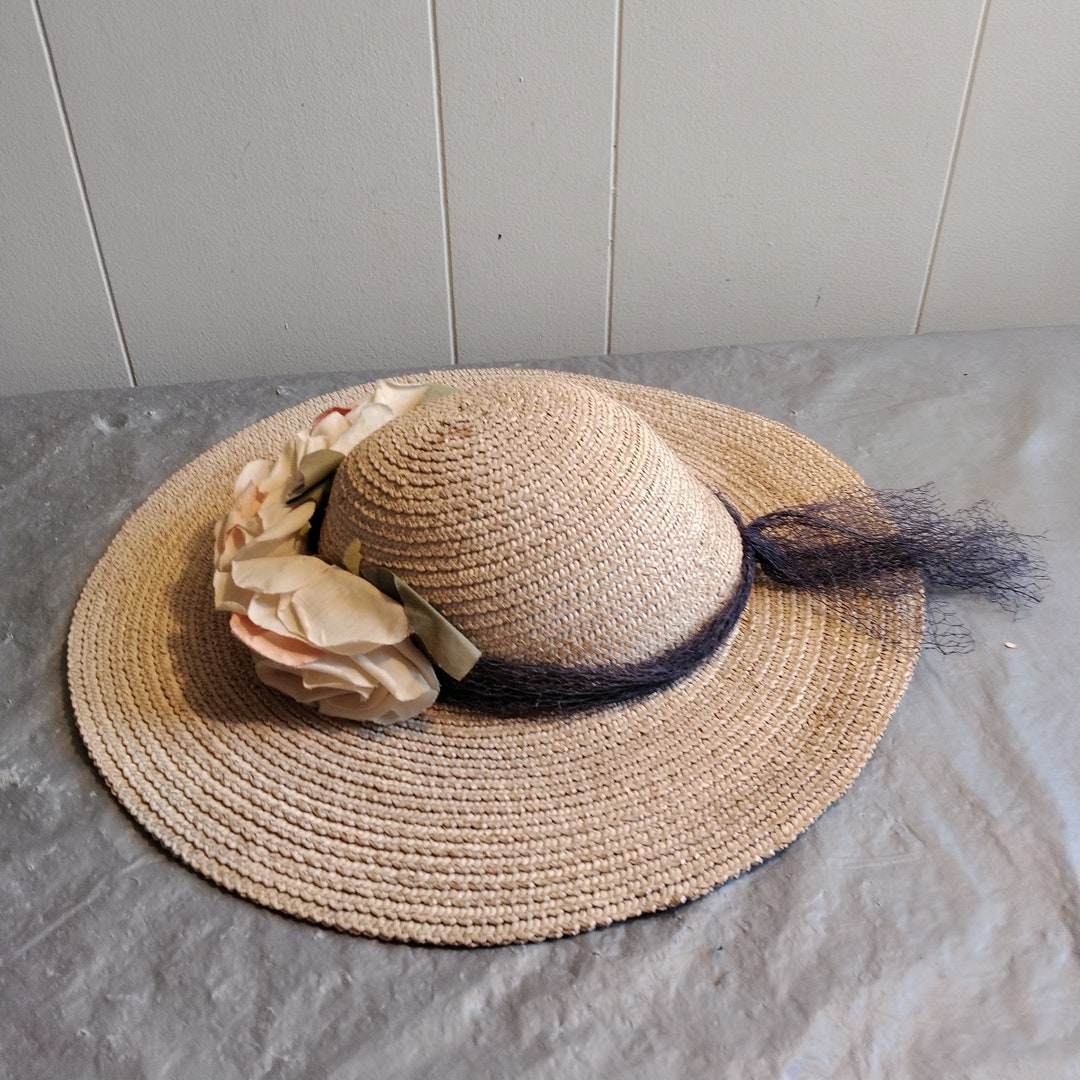 Vintage Floppy Womans Hat, Plastic Straw Hat With Flowers & Ribbon - Etsy
