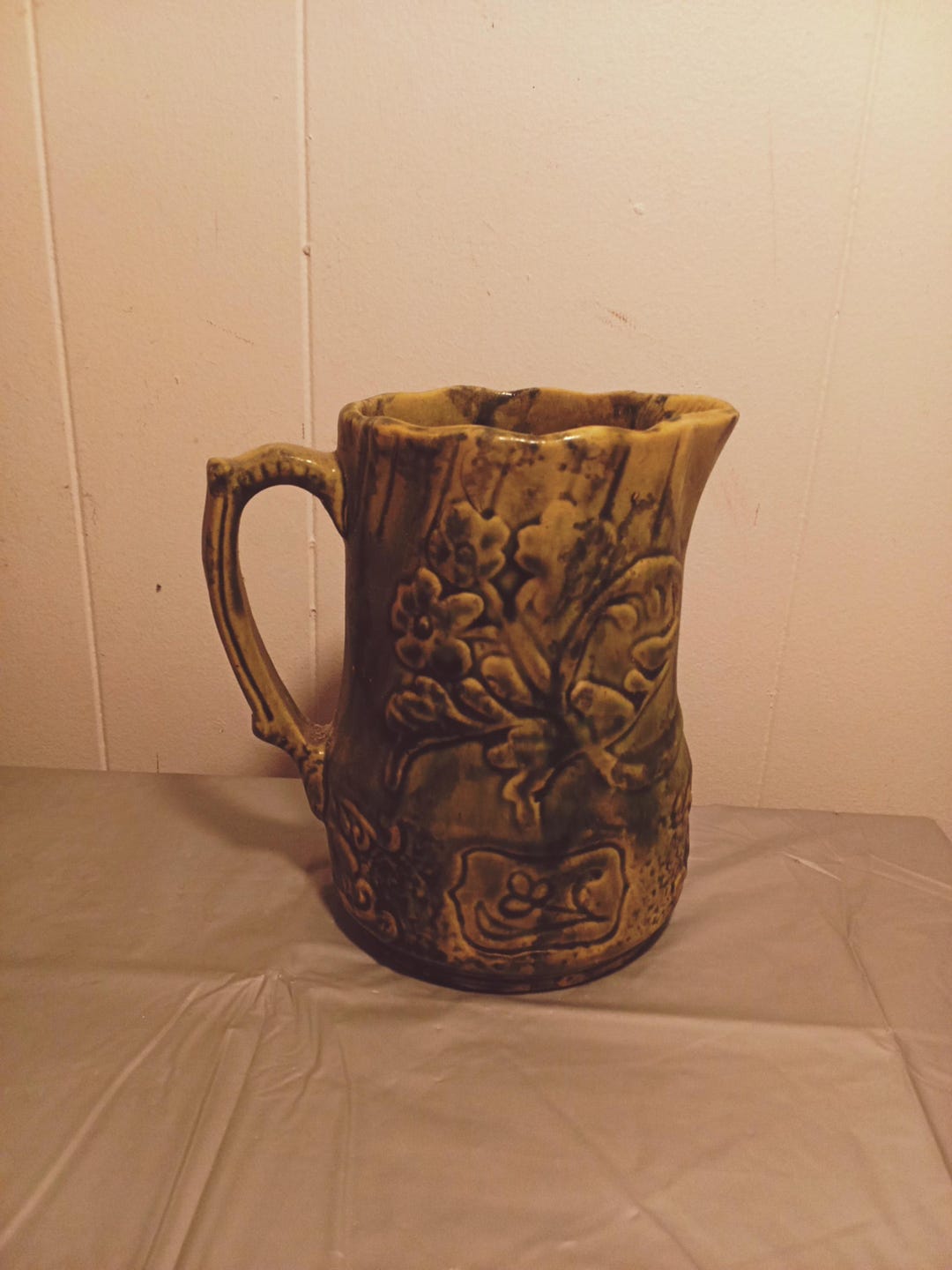 Vintage Art Pottery Pitcher, Floral Relief Design, Decorative Pitcher ...