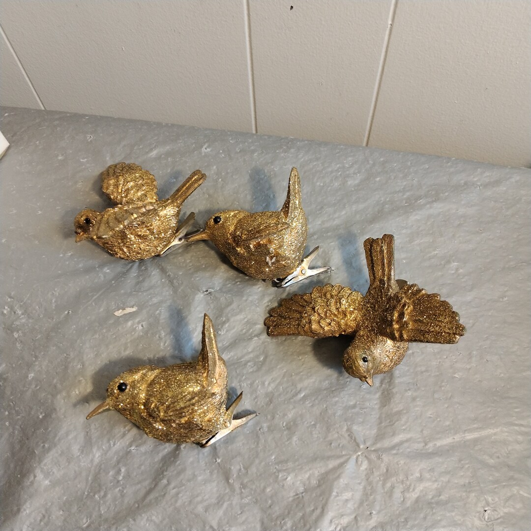 4 Gold Clip on Tree Bird Ornaments - Etsy