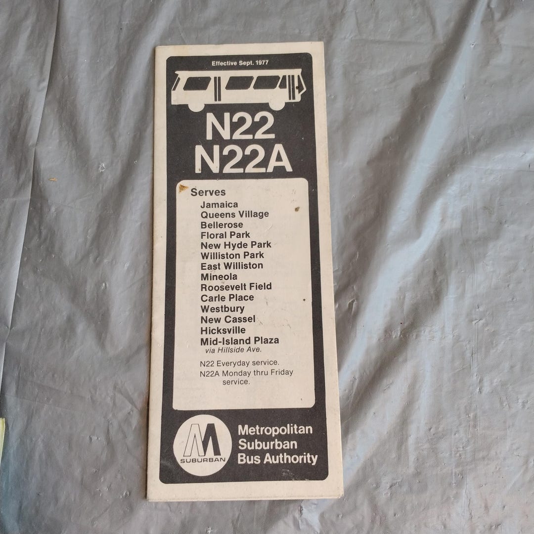 1977 N22 N22A MSBA Bus Schedule Timetable NY, Look & Read Description ...