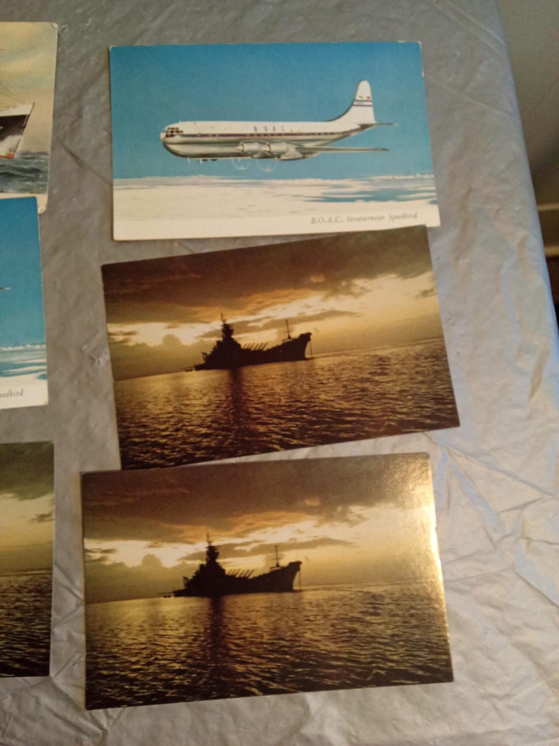 6 Vintage Postcards, BOAC Stratocruiser Speedbird, USS Iowa Battleship ...
