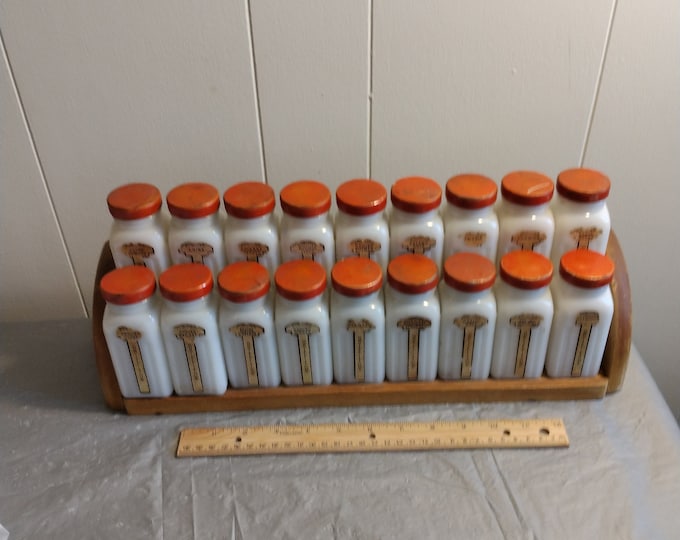 18 Pc Vintage Milk Glass Spice Jars With Wood Rack, Spice Jars Red Lid ...