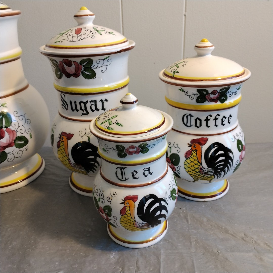 Vintage Royal Sealy Japan Rooster Rose Canister Set, Tea Coffee Sugar ...