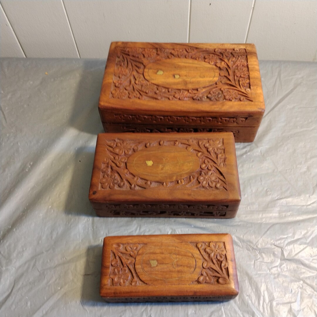 3 Carved Wooden Nesting Boxes With Metal Inlay, Wood Trinket Boxes - Etsy