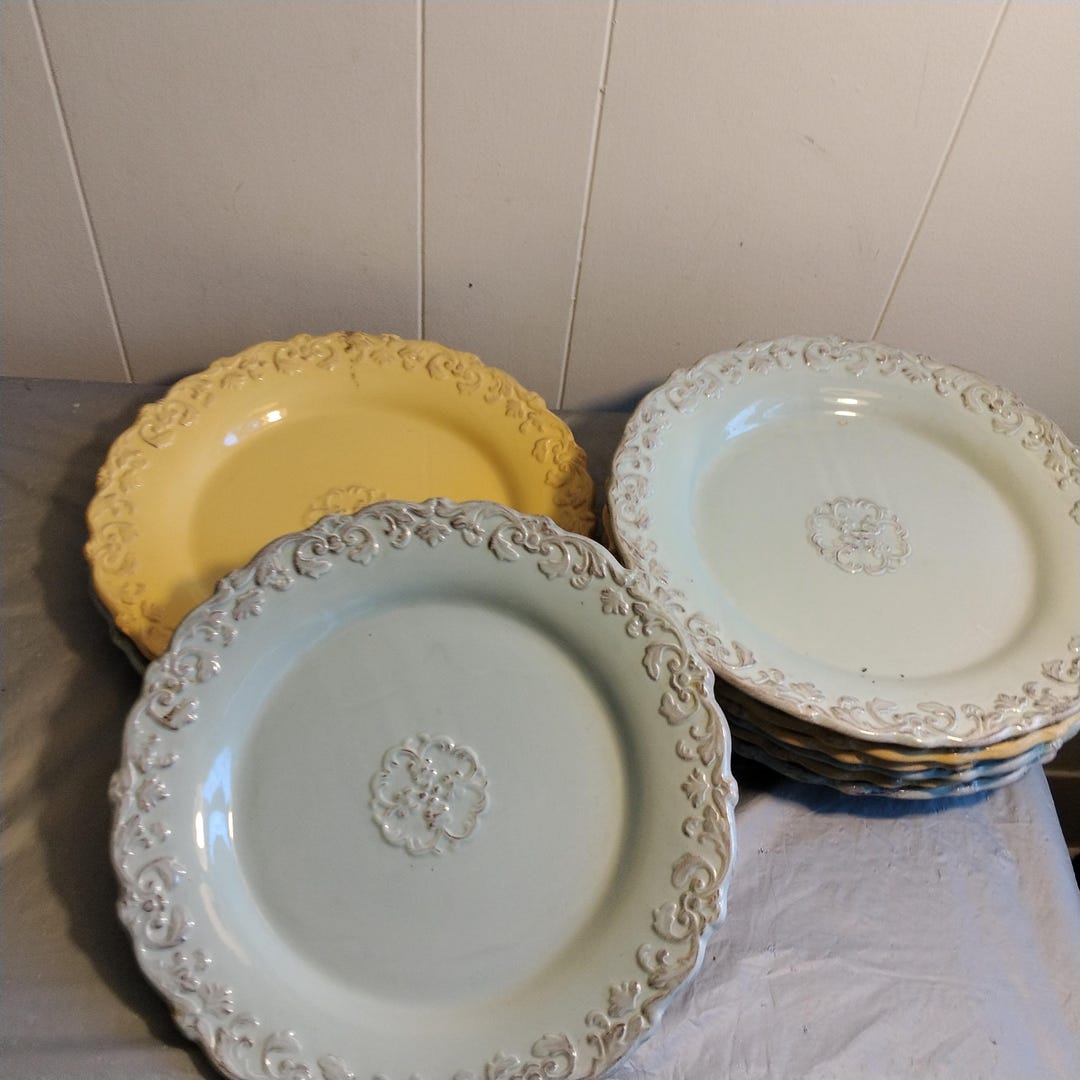 8 Blue & Gold / Mustard Dinner Plates, Relief Design - Etsy