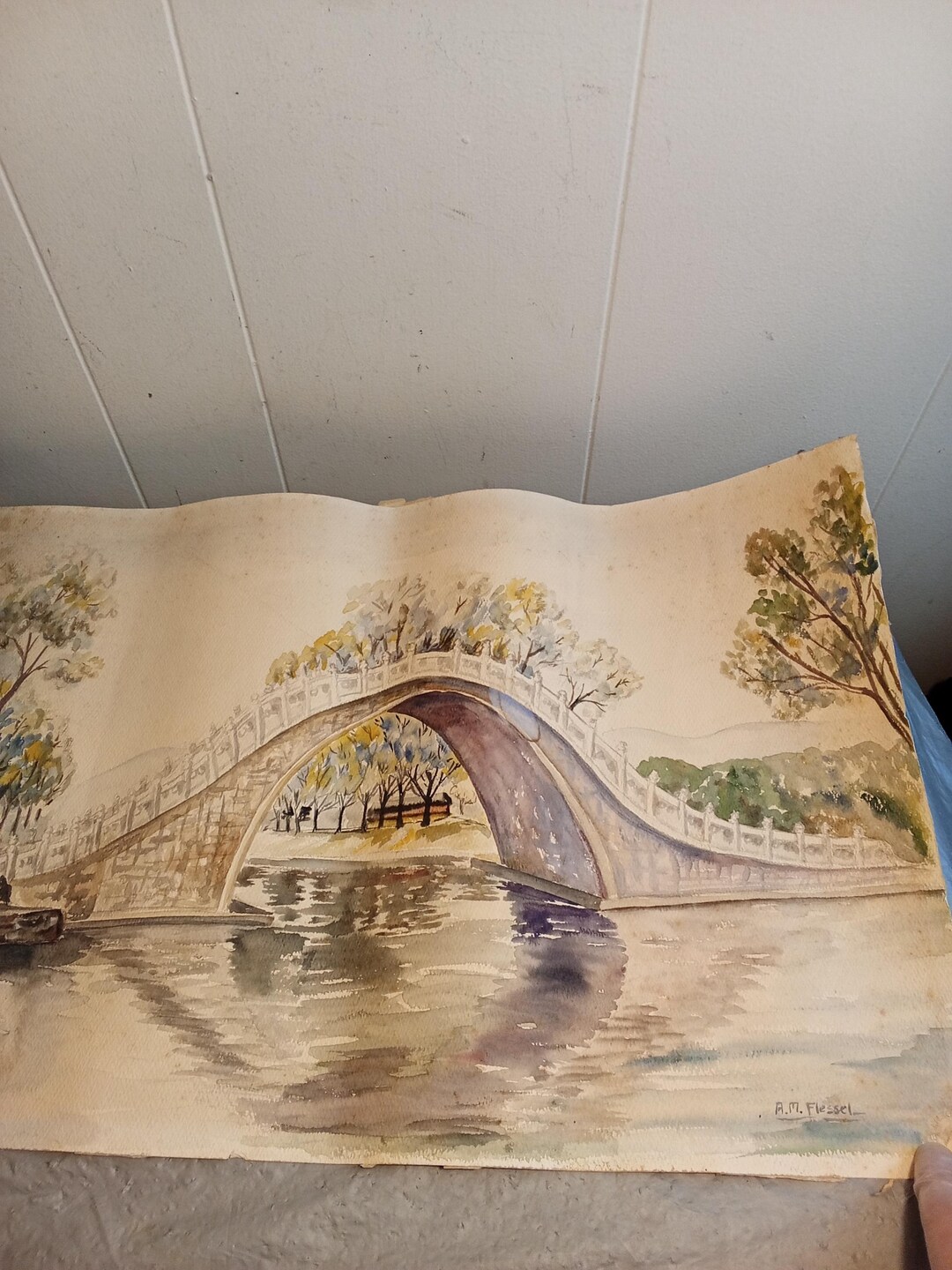 Strathmore Student A.M. Flessel Watercolor Landscape Bridge Water Scene ...