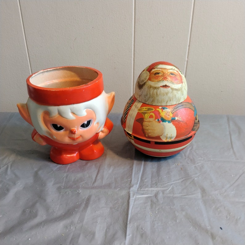 2pc Christmas Decor Lot, 1980s Chein Santa Tin, Plastic Elf, Round ...