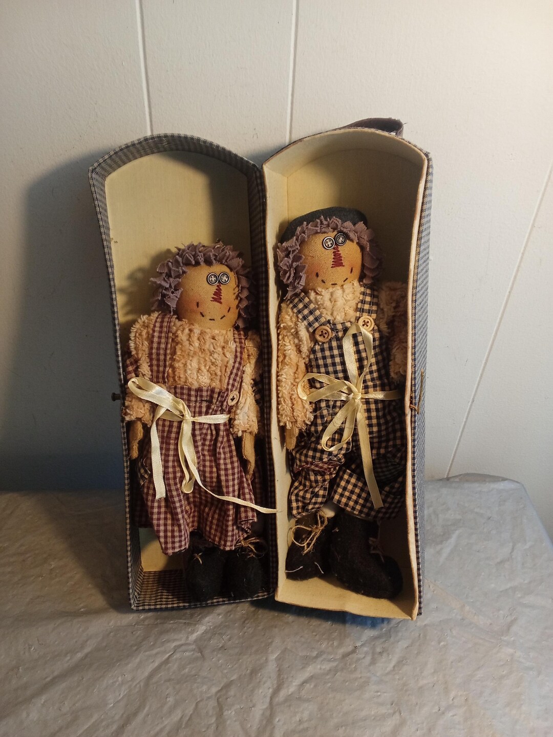 Lee and Lee Raggedy Ann & Andy Dolls in Case, Purple Hair Primitive ...