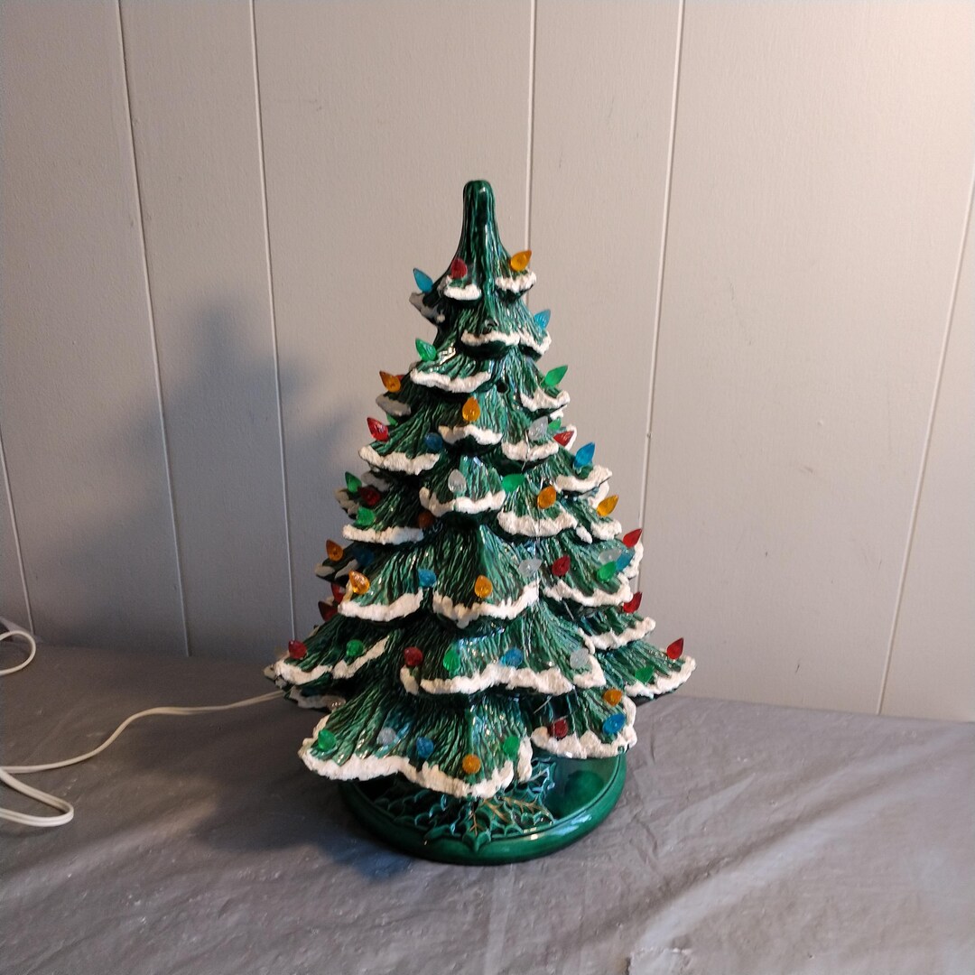 15.5" Musical Light up Ceramic Christmas Tree, Flocked Tree, Christmas ...