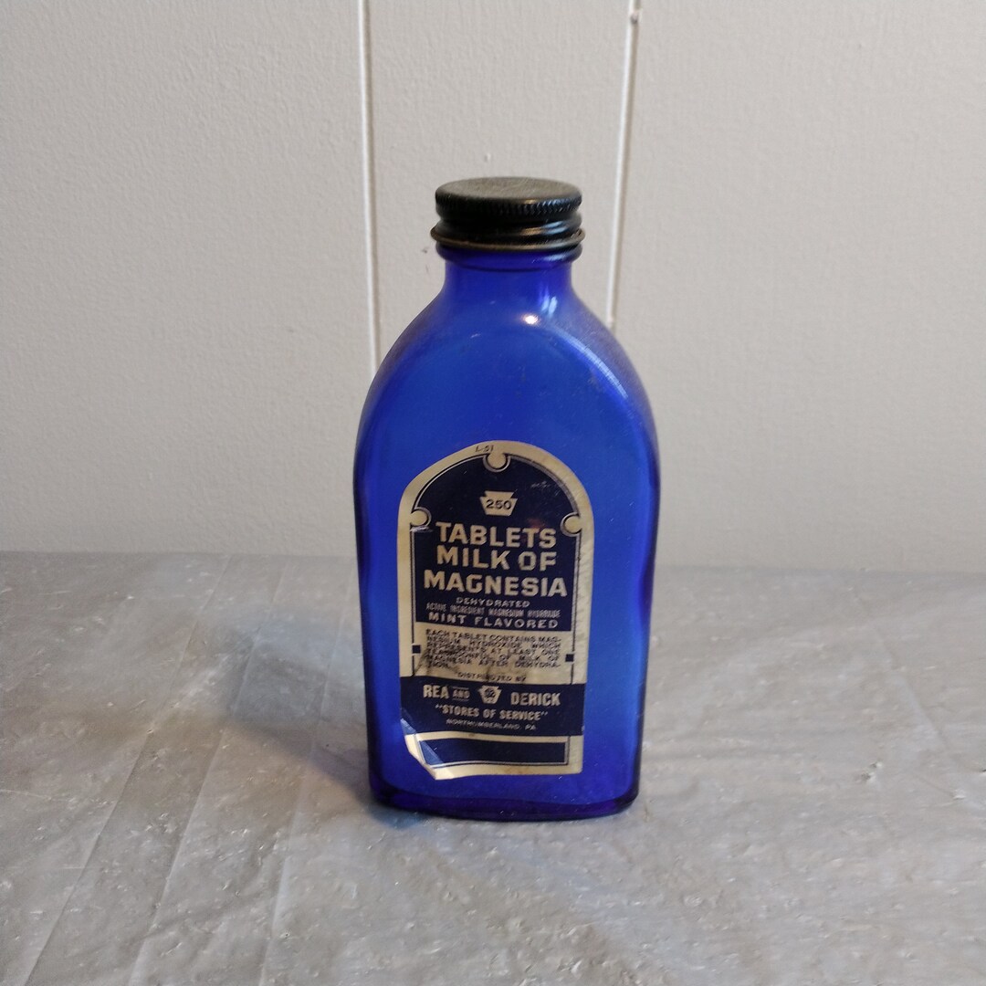 Vintage Rea & Derick Tablets of Milk of Magnesia Cobalt Medicine Bottle ...