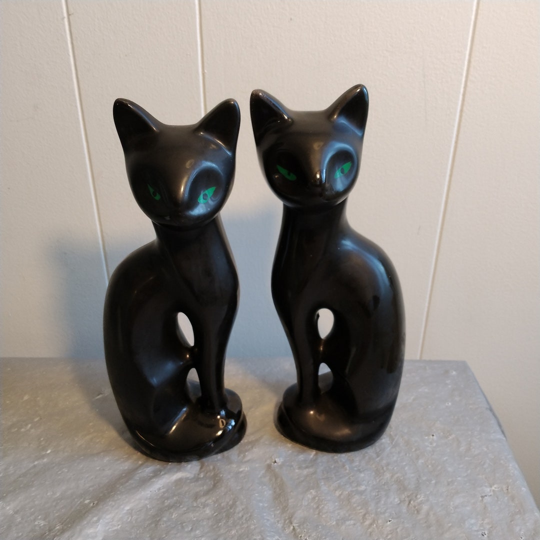 Pair 10 Ceramic Vintage Black Cat Figurines Green Eyes, Art Pottery Cat ...
