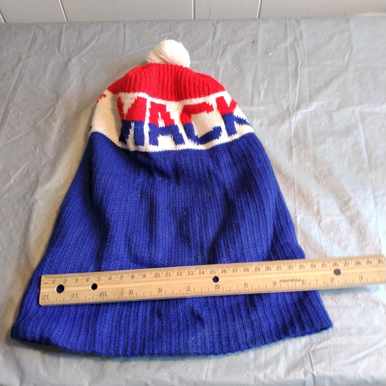 Vintage Red White and Blue Mack Knit Cap, Pom Beanie, Look & Read ...