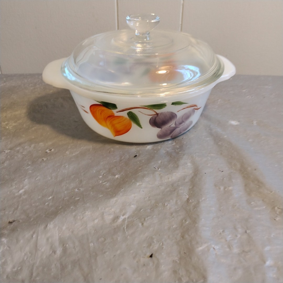 5.5" Vintage Fire King White Milk Glass Casserole With Lid Hand Painted ...