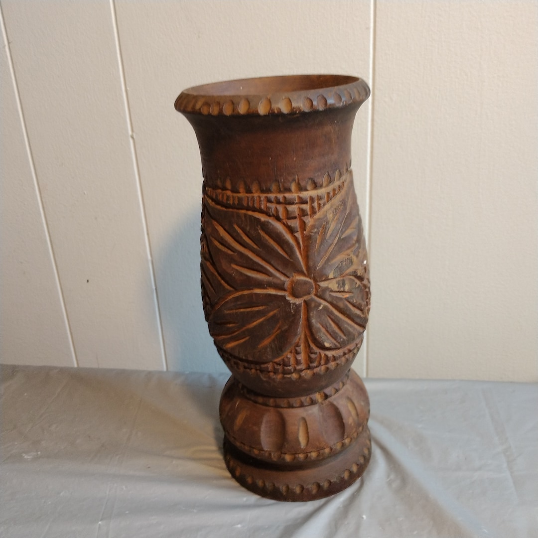 Vintage Wood Carved Vase, Floral Decorative Vase, Look & Read ...