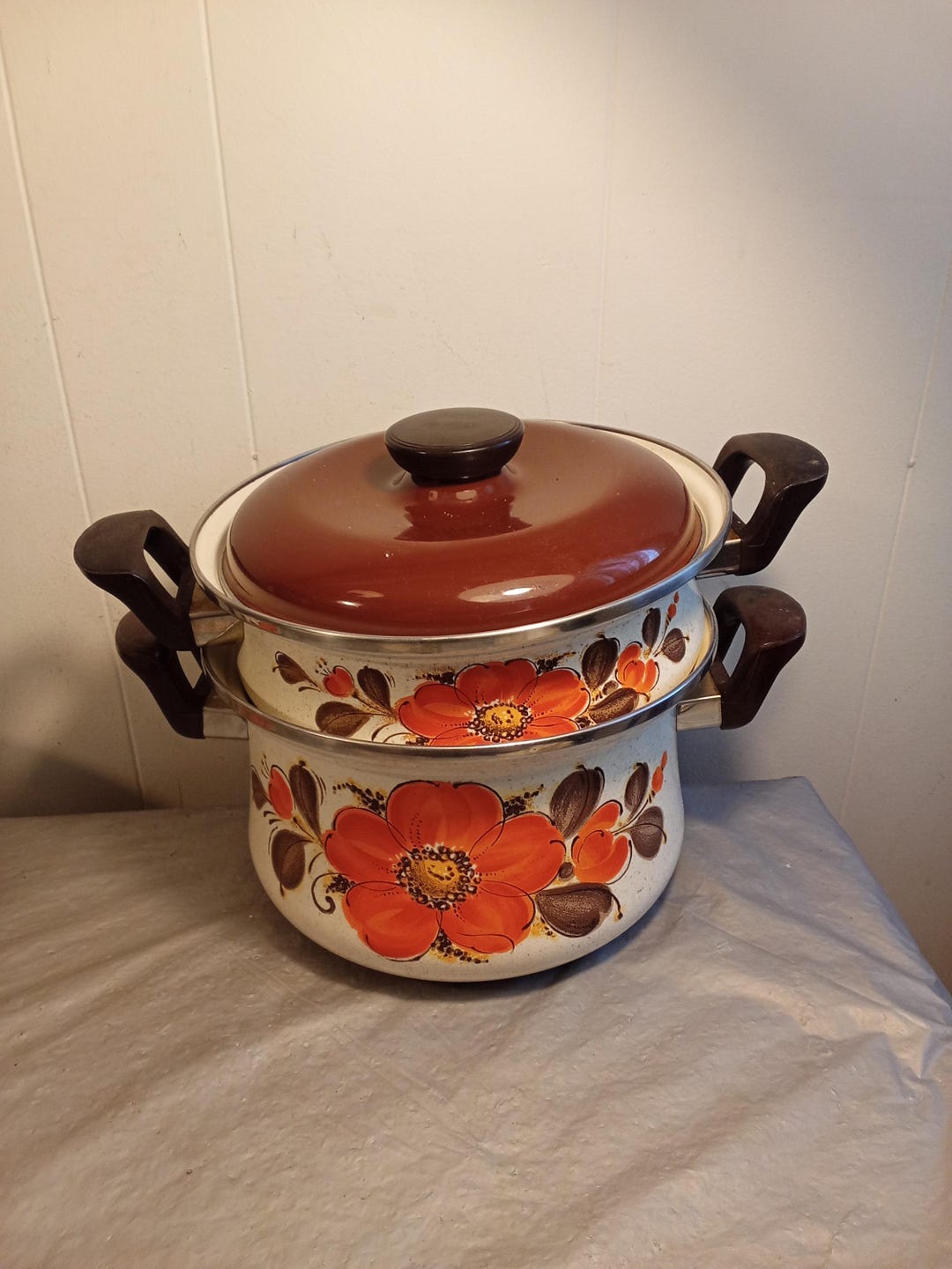 2 Large Vintage Sanko Ware Show Pans Orange Floral Enamel Soup Pot - Etsy