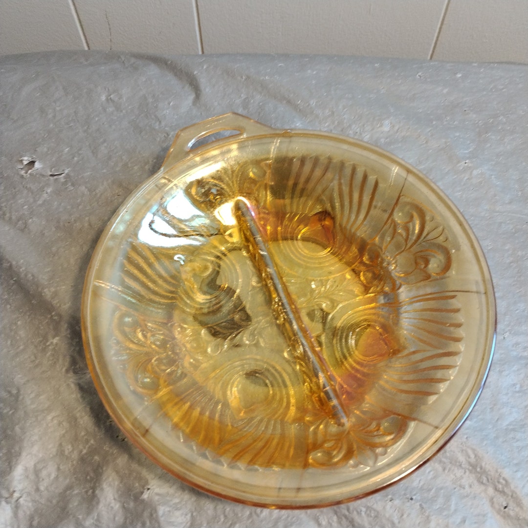 Vintage Carnival Glass Divided Bowl With Handle - Etsy
