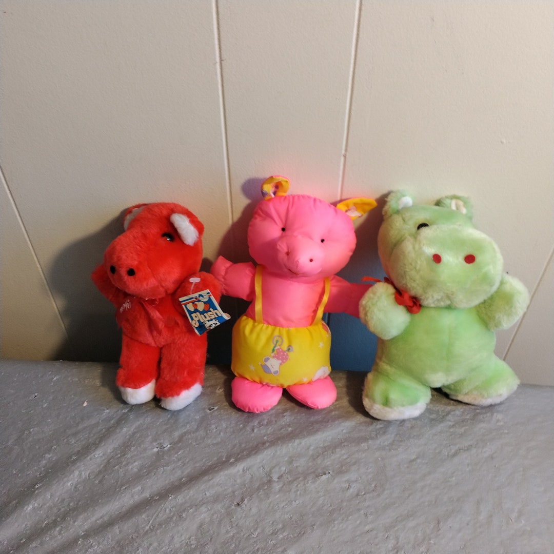 3 Plush Hippo Toys, Hippopotamus, Mccrory Corp 1988 Red Hippo, Pink Pig ...