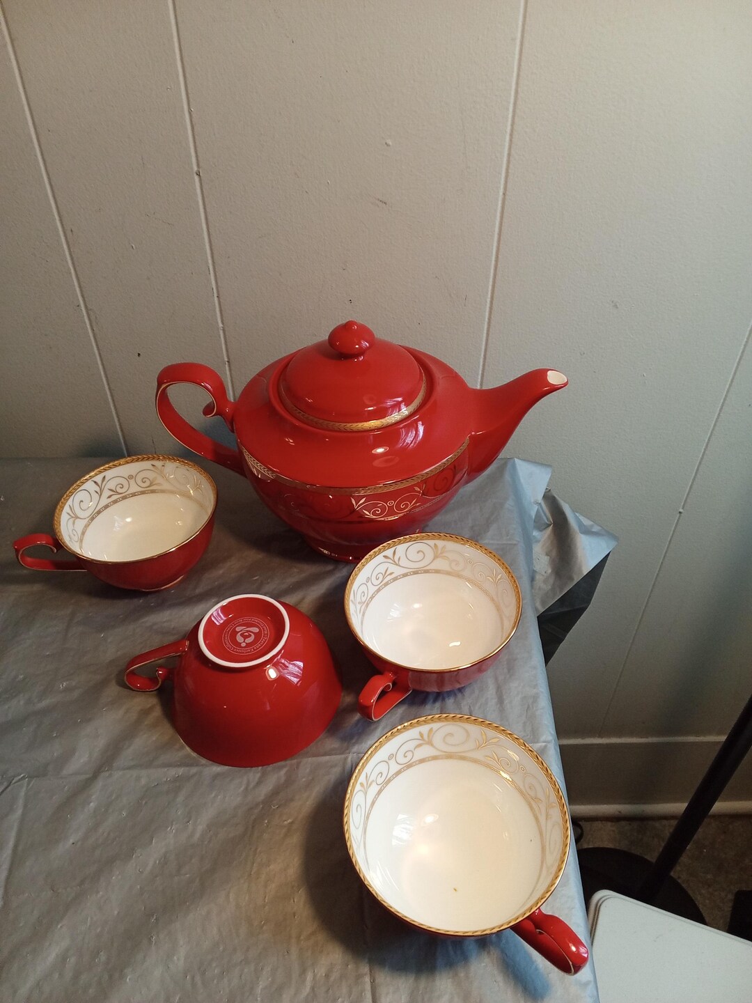 5pc Teavana Red Teapot Set, Teapot & Teacups, Gold Highlights - Etsy