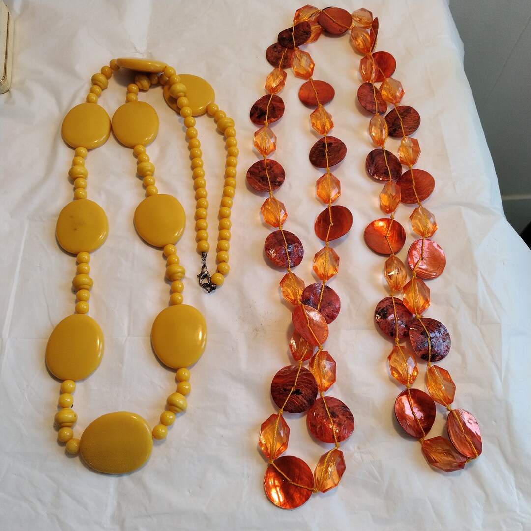 2 Vintage Plastic Bead Shell Necklaces, Yellow Orange Beaded Necklace ...
