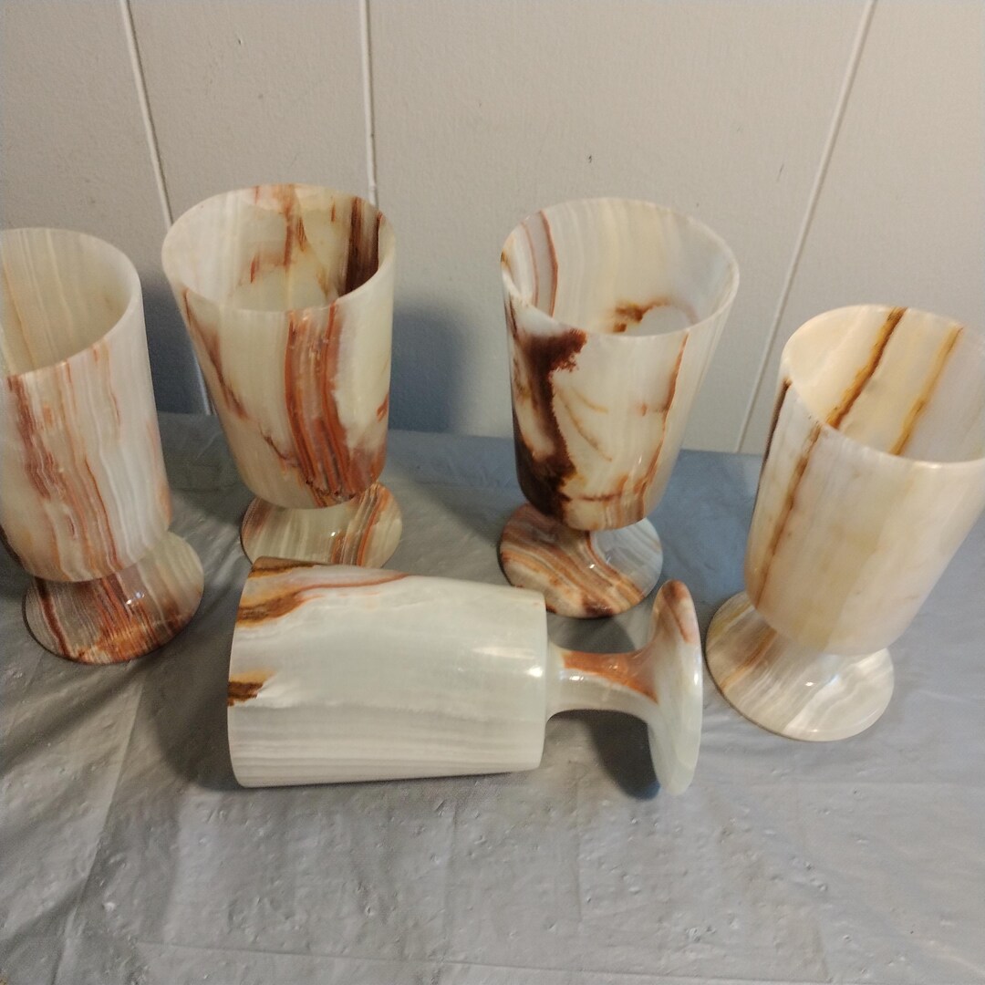 5 Marble Onyx Alabaster Stemmed Drinking Cups Glasses Tumblers, Look ...