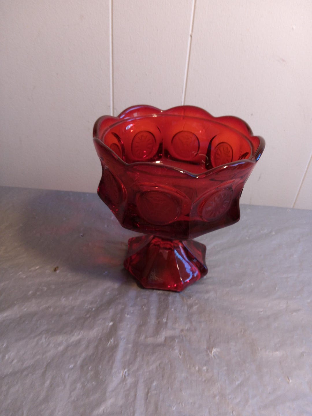Ruby Red Glass Footed Bowl, Coin Glass Bowl 5 1/8" Rim - Etsy