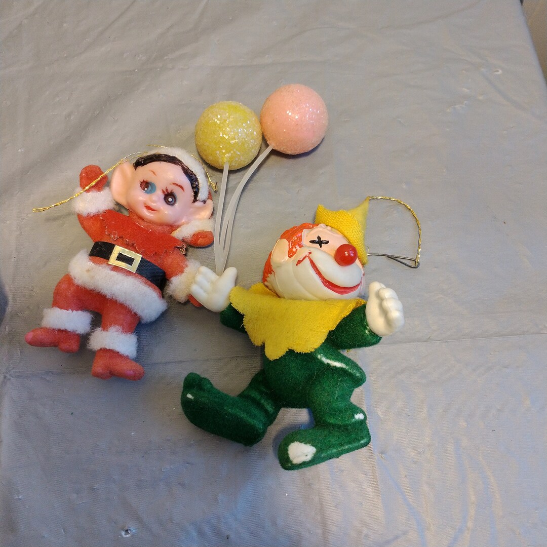 2 Vintage Flocked Clown and Elf Ornament, Look & Read Description - Etsy