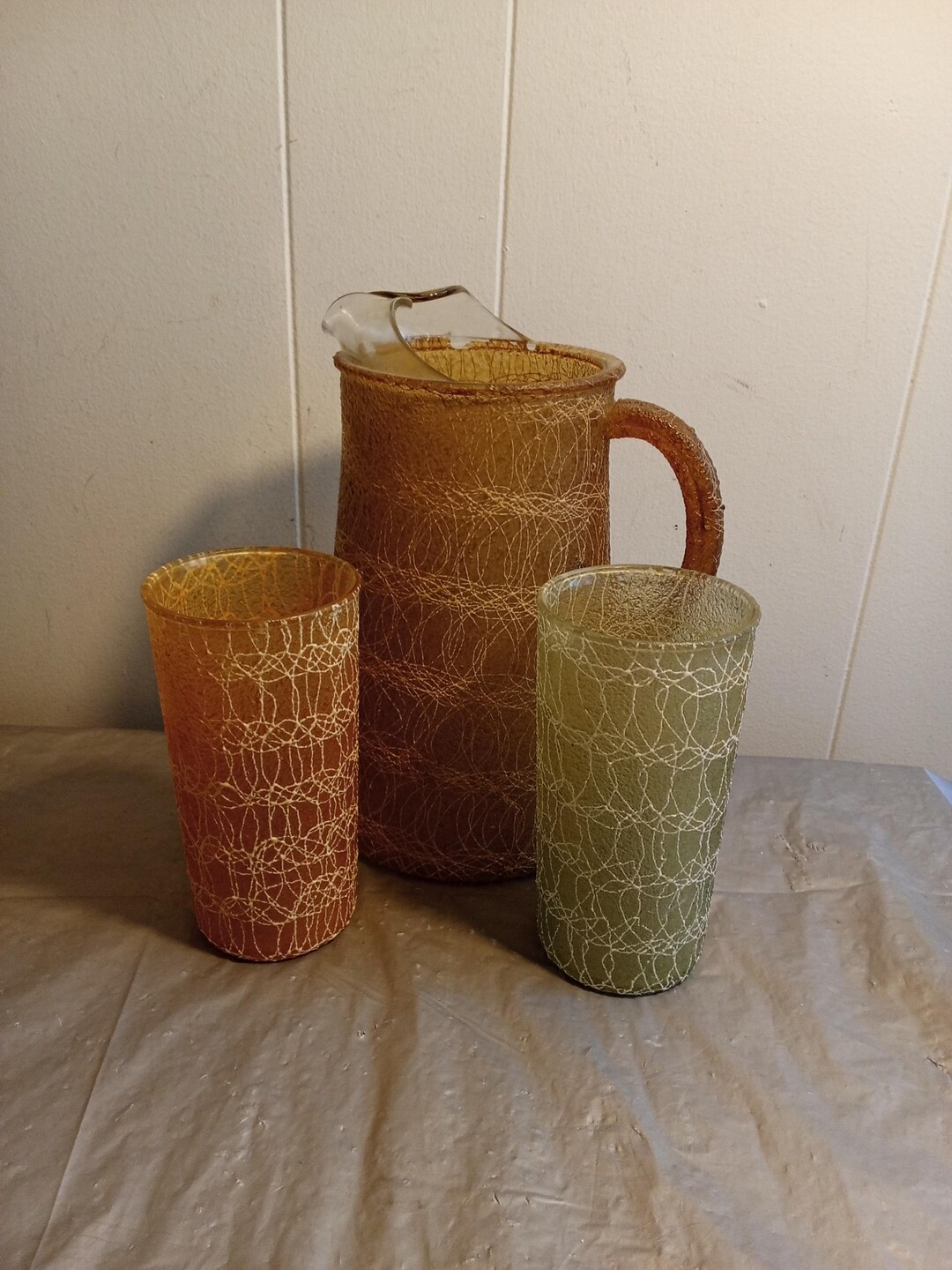 3pc Vintage Spaghetti String Glass Pitcher & Glasses - Etsy