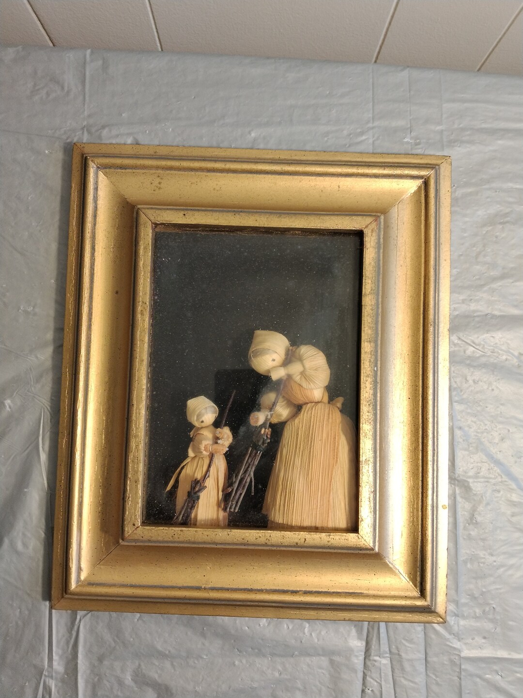 Vintage Shadow Box Textile Art, Woman & Child Sweeping - Etsy
